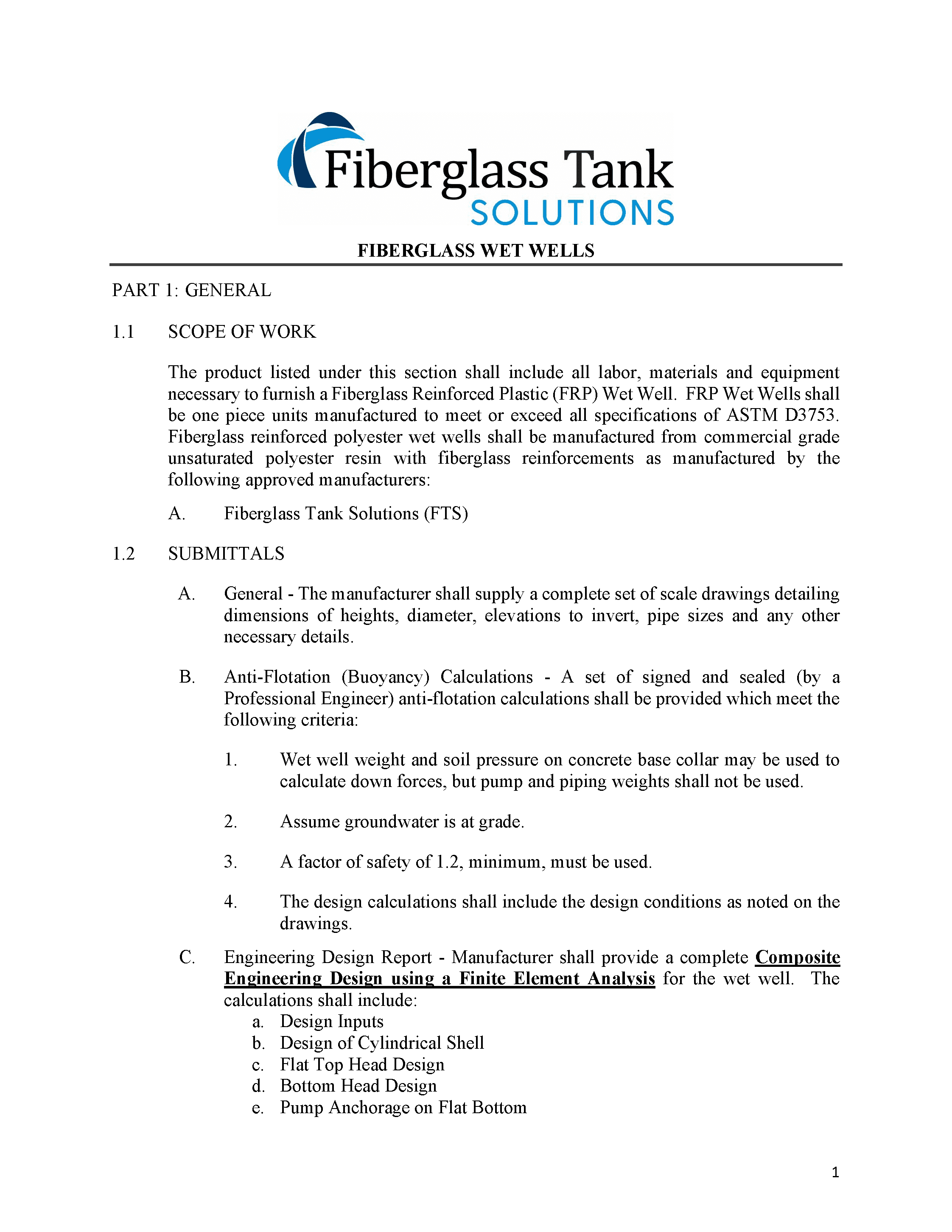 Wet Well Specifications - Fiberglass Tank Solutions