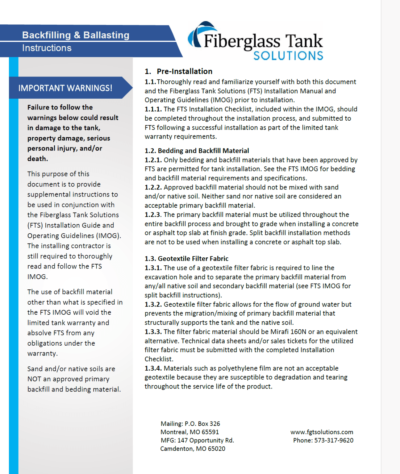 Backfilling & Ballasting Instructions - Fiberglass Tank Solutions
