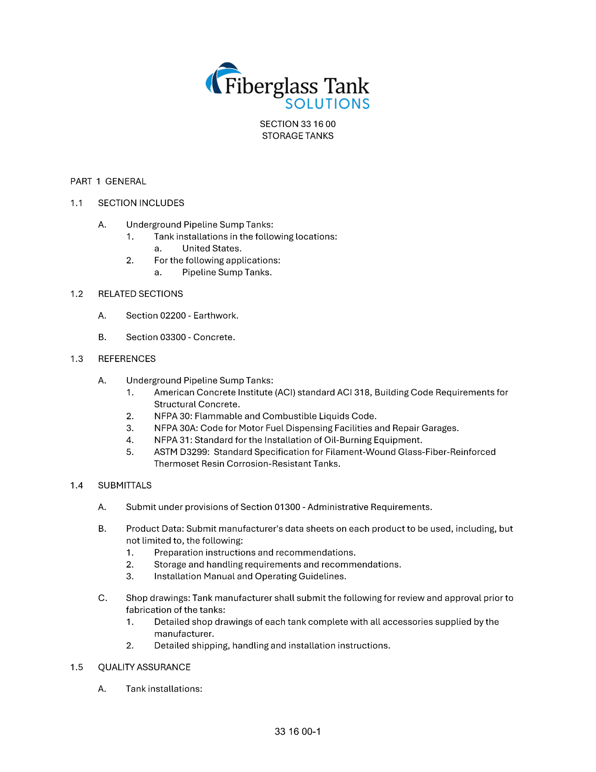 Pipeline Sump Tanks Specifications - Fiberglass Tank Solutions